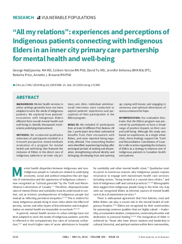 (PDF) “All my relations”: experiences and perceptions of Indigenous ...