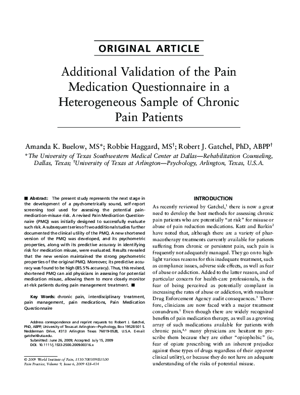 (PDF) Additional validation of the pain medication questionnaire in a ...