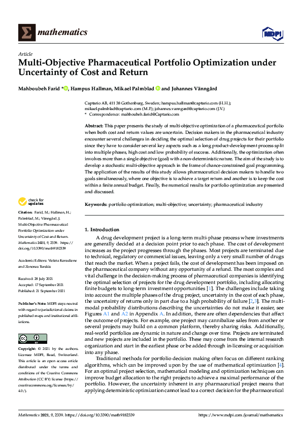 (PDF) Multi-Objective Pharmaceutical Portfolio Optimization under ...