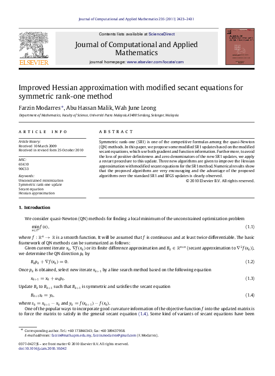 Pdf Improved Hessian Approximation With Modified Secant Equations For Symmetric Rank One Method