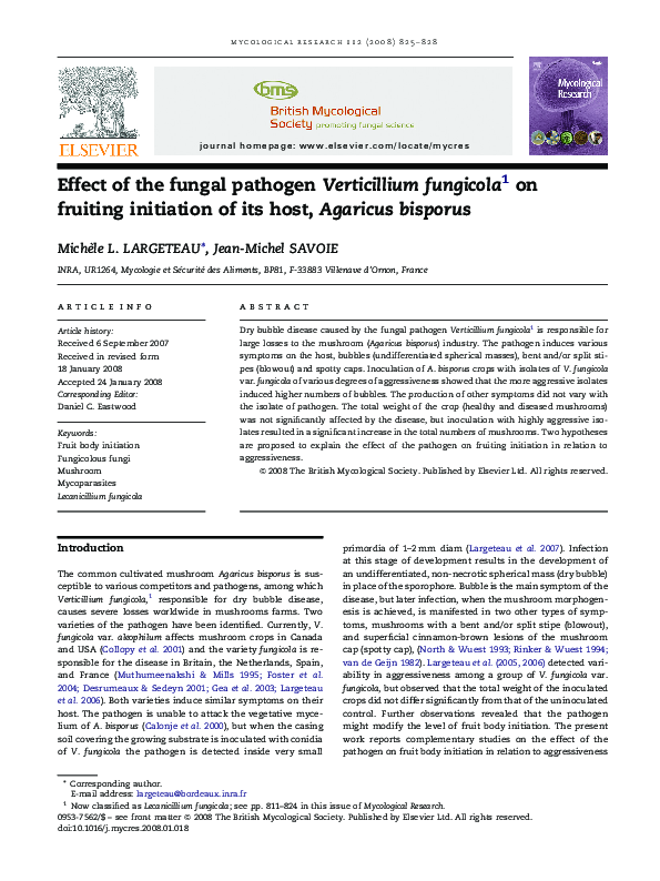 (PDF) Effect of the fungal pathogen Verticillium fungicola on fruiting ...