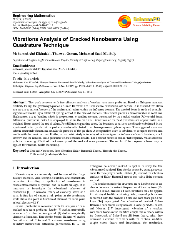 (PDF) Vibrations Analysis of Cracked Nanobeams Using Quadrature Technique