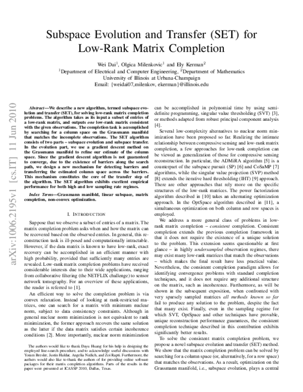(PDF) Subspace Evolution and Transfer (SET) for Low-Rank Matrix Completion | ely kerman ...