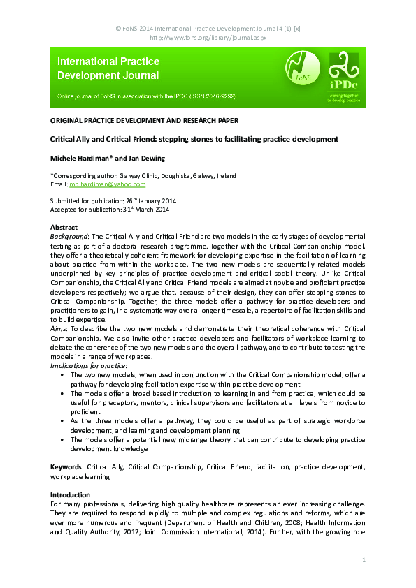 (PDF) Critical Ally and Friend Models: Pathways for Practice Development