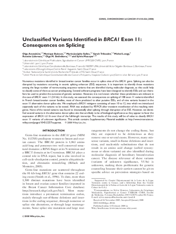 (PDF) Unclassified variants identified in BRCA1 exon 11: Consequences ...