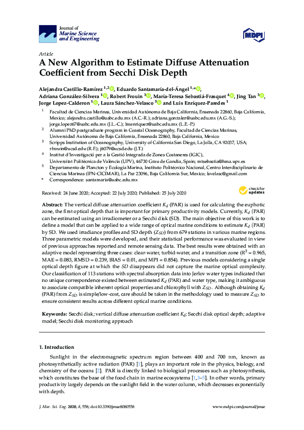 Pdf A New Algorithm To Estimate Diffuse Attenuation Coefficient From