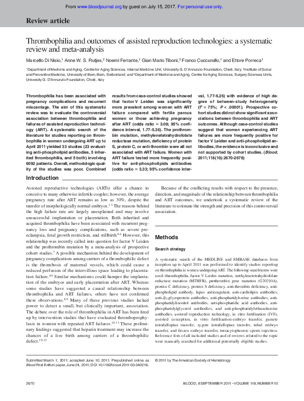 (PDF) Thrombophilia and outcomes of assisted reproduction technologies: a systematic review and ...