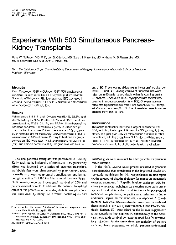 (PDF) Experience With 500 Simultaneous Pancreas-Kidney Transplants ...