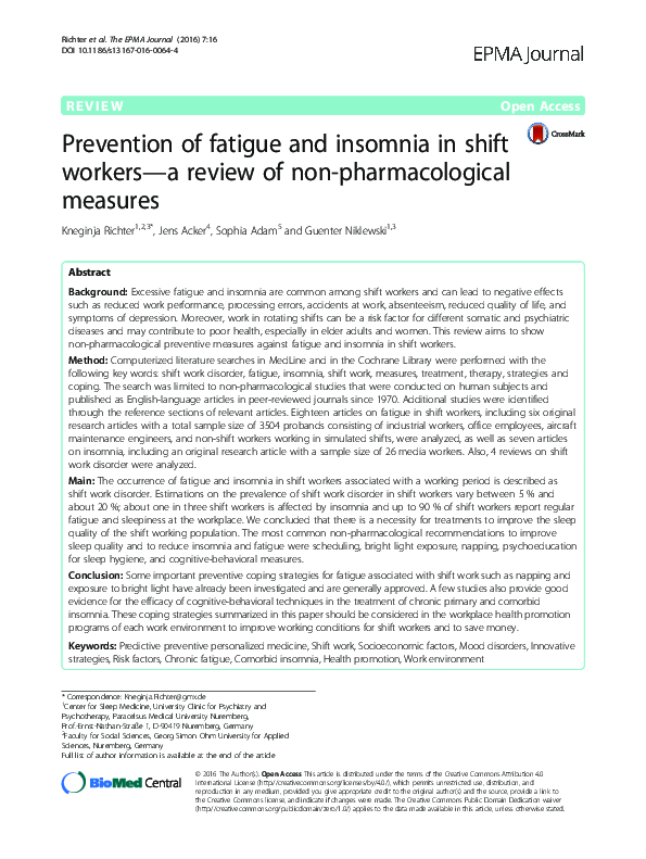 (PDF) Prevention of fatigue and insomnia in shift workers—a review of ...