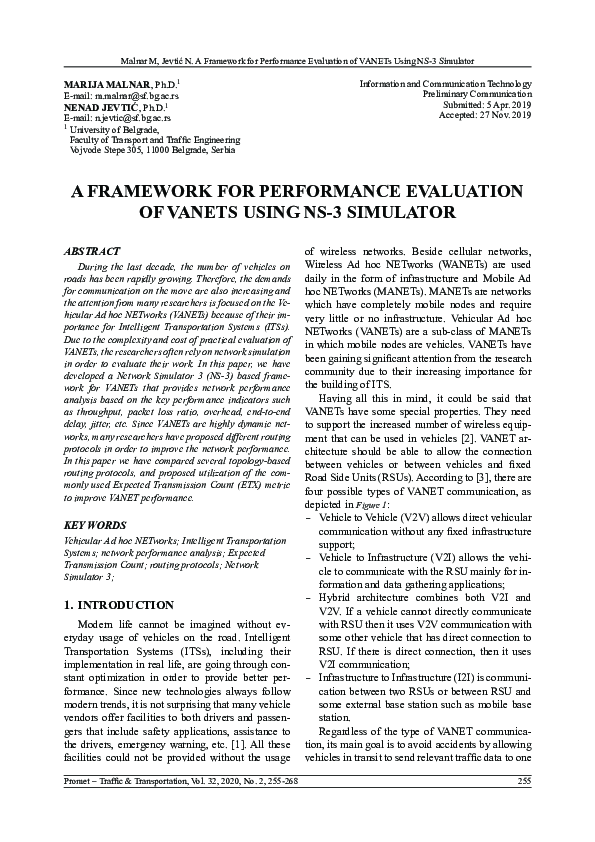 Pdf A Framework For Performance Evaluation Of Vanets Using Ns 3 Simulator