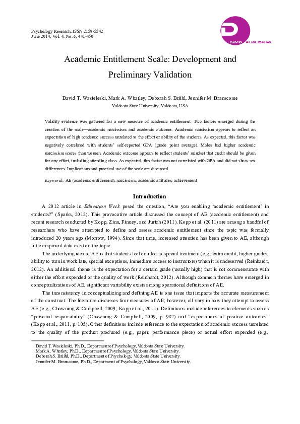 (PDF) Academic Entitlement Scale: Development and Preliminary Validation