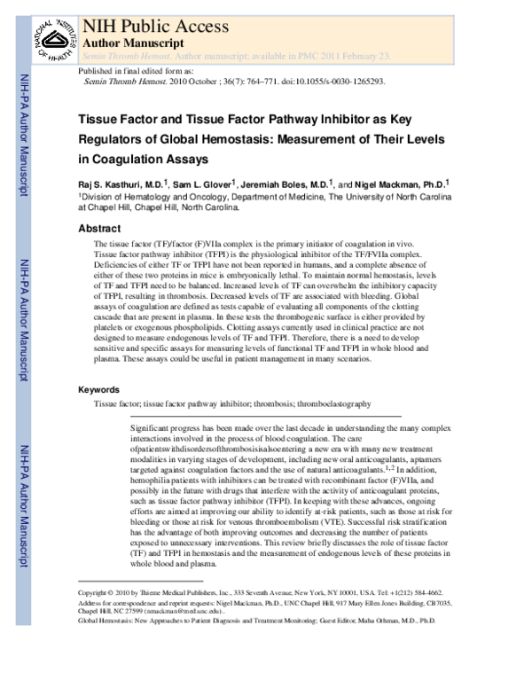 (PDF) Tissue factor and tissue factor pathway inhibitor levels pre and ...