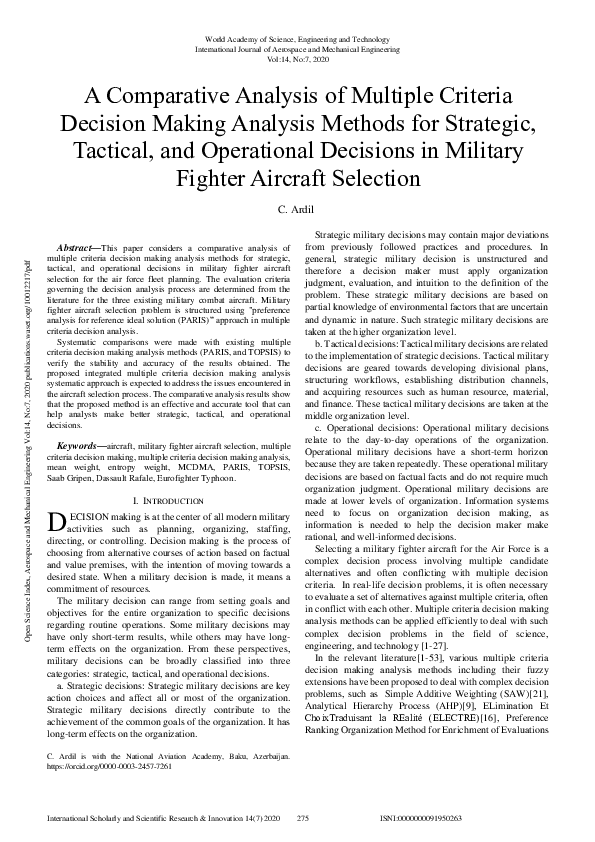 Pdf A Comparative Analysis Of Multiple Criteria Decision Making Analysis Methods In Military
