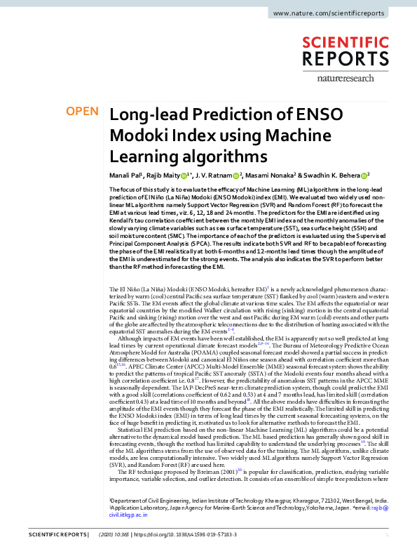 Pdf Long Lead Prediction Of Enso Modoki Index Using Machine Learning