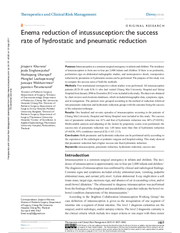 (PDF) Enema reduction of intussusception: the success rate of ...
