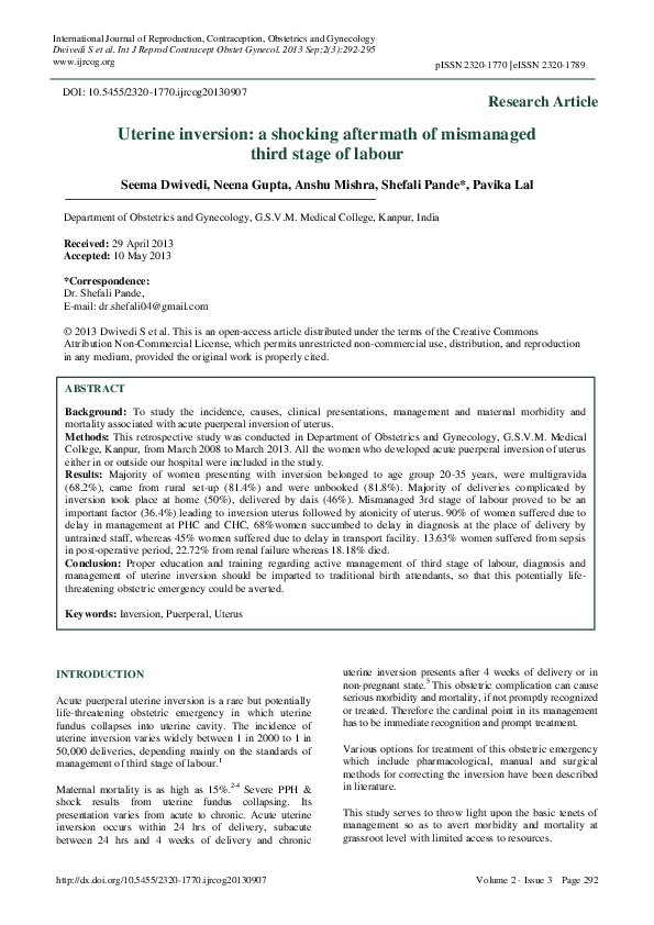 (PDF) Uterine inversion: a shocking aftermath of mismanaged third stage ...