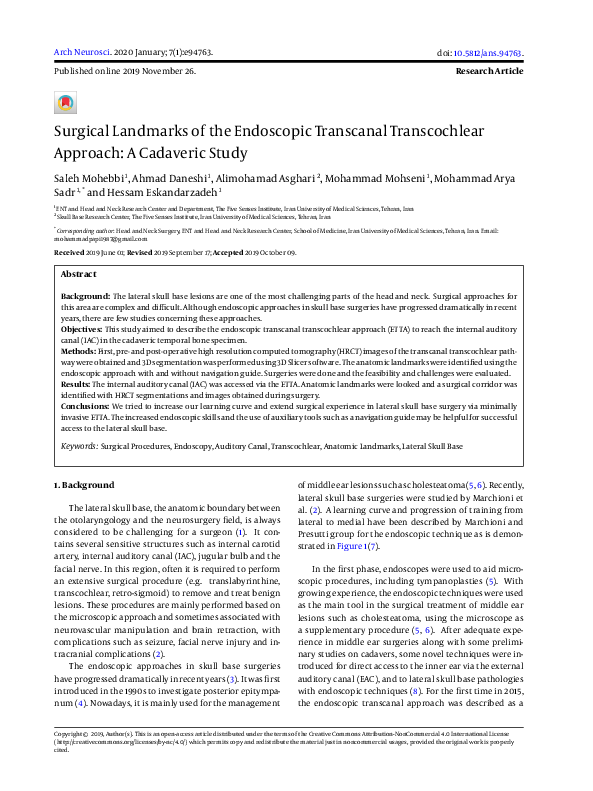(PDF) Surgical Landmarks of the Endoscopic Transcanal Transcochlear ...