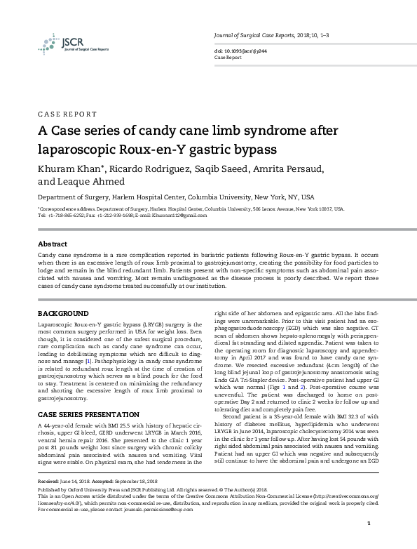 (PDF) A Case series of candy cane limb syndrome after laparoscopic Roux ...