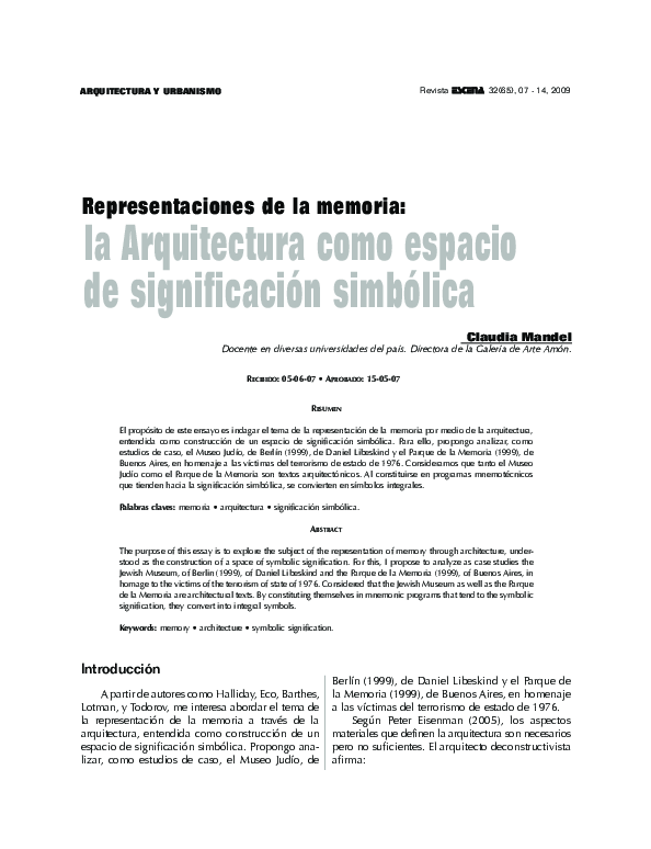 (PDF) Representaciones de la memoria: la arquitectura como espacio de ...