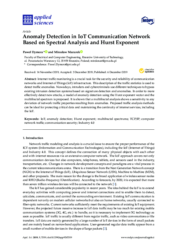 (PDF) Anomaly Detection in IoT Communication Network Based on Spectral Analysis and Hurst Exponent