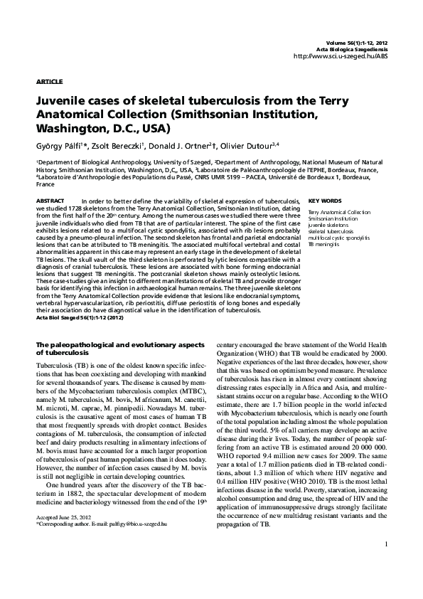(PDF) Juvenile cases of skeletal tuberculosis from the Terry Anatomical ...