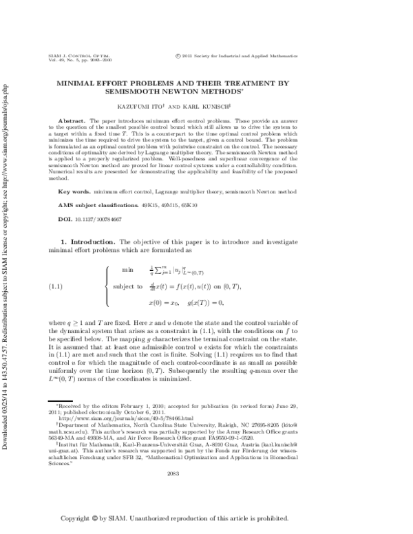 (PDF) Minimal Effort Problems and Their Treatment by Semismooth Newton Methods