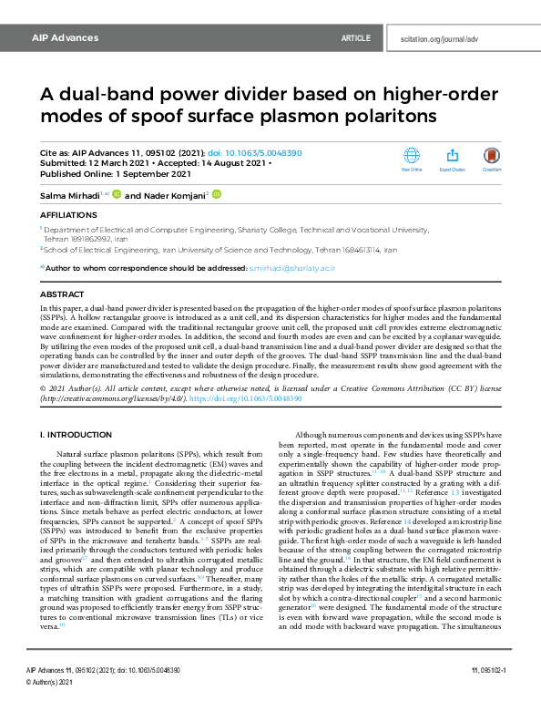 (PDF) A dual-band power divider based on higher-order modes of spoof surface plasmon polaritons