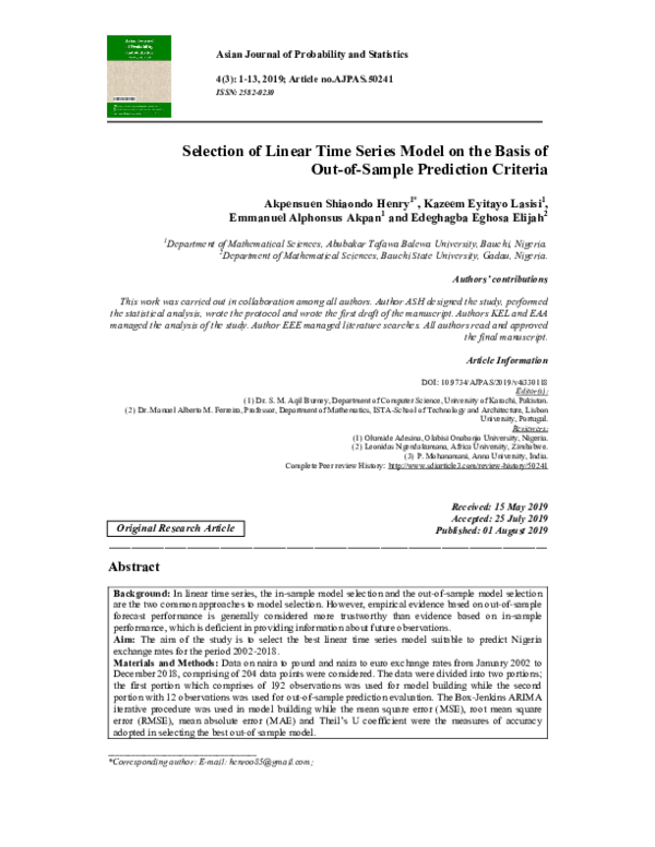 Pdf Selection Of Linear Time Series Model On The Basis Of Out Of