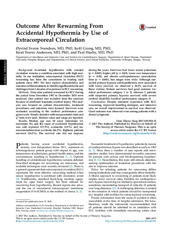 (PDF) Outcome After Rewarming From Accidental Hypothermia by Use of ...