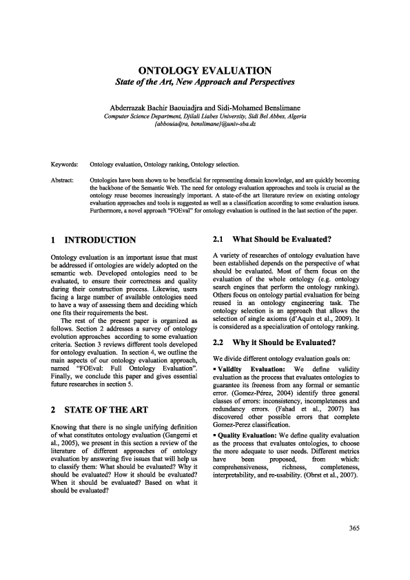 (PDF) Ontology Evaluation: State of the Art, new Approach and Perspectives