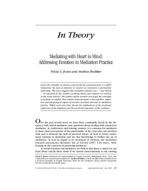 (PDF) Mediating with Heart in Mind: Addressing Emotion in Mediation ...