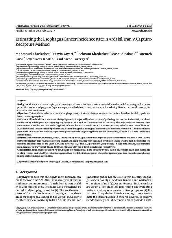 Pdf Estimating The Esophagus Cancer Incidence Rate In Ardabil Iran A Capture Recapture Method