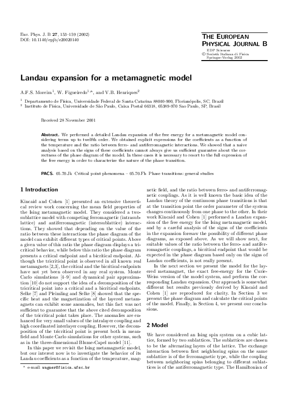 (PDF) Landau expansion for a metamagnetic model
