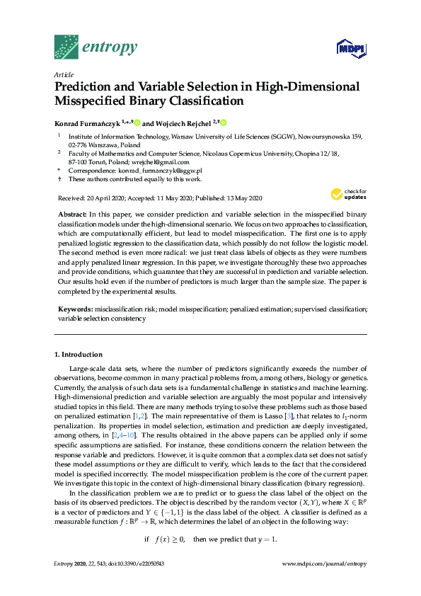 (PDF) Prediction and Variable Selection in High-Dimensional Misspecified Binary Classification ...