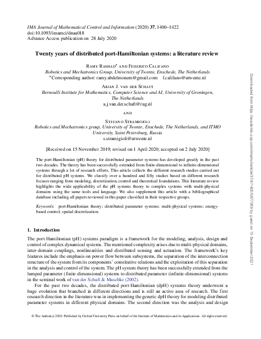 (PDF) Twenty years of distributed port-Hamiltonian systems: a literature review