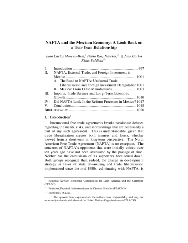 (PDF) NAFTA and the Mexican Economy: A Look back on a Ten-year Relationship