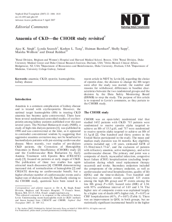 (PDF) Anaemia of CKD--the CHOIR study revisited