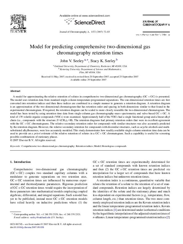 (PDF) Model for predicting comprehensive two-dimensional gas chromatography retention times