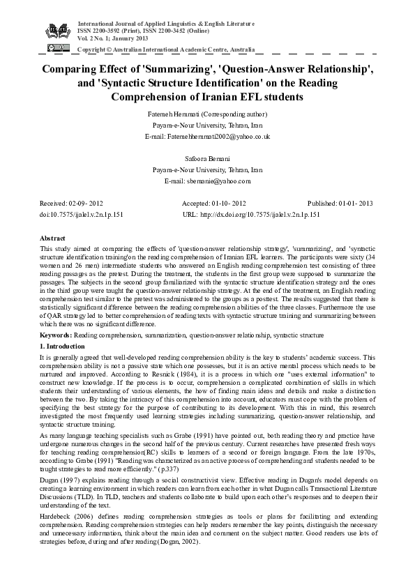 (PDF) Comparing Effect of 'Summarizing', 'Question-Answer Relationship', and 'Syntactic ...