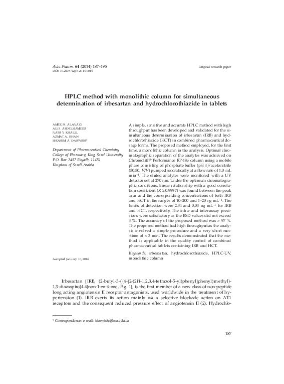 Pdf Hplc Method With Monolithic Column For Simultaneous Determination
