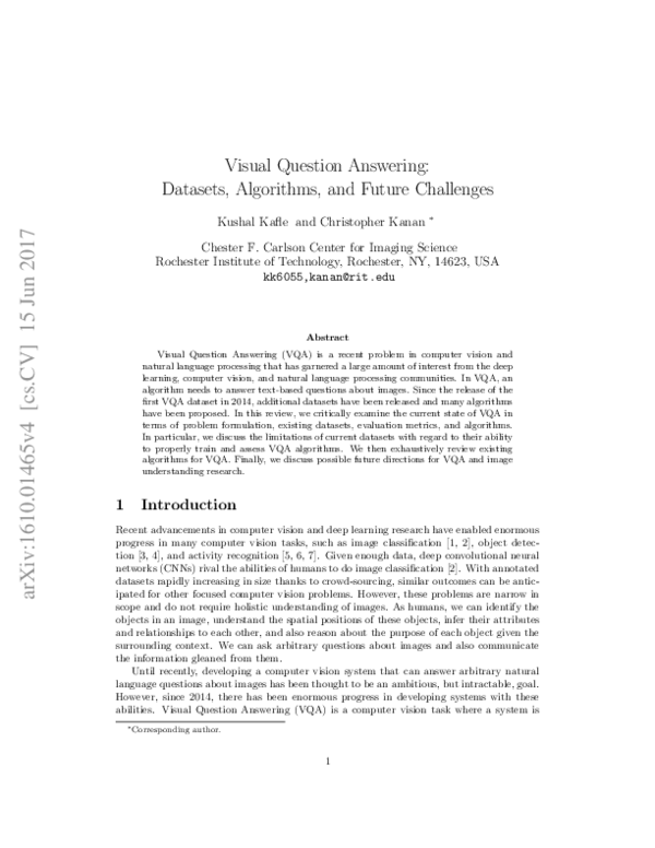 Pdf Visual Question Answering Datasets Algorithms And Future Challenges
