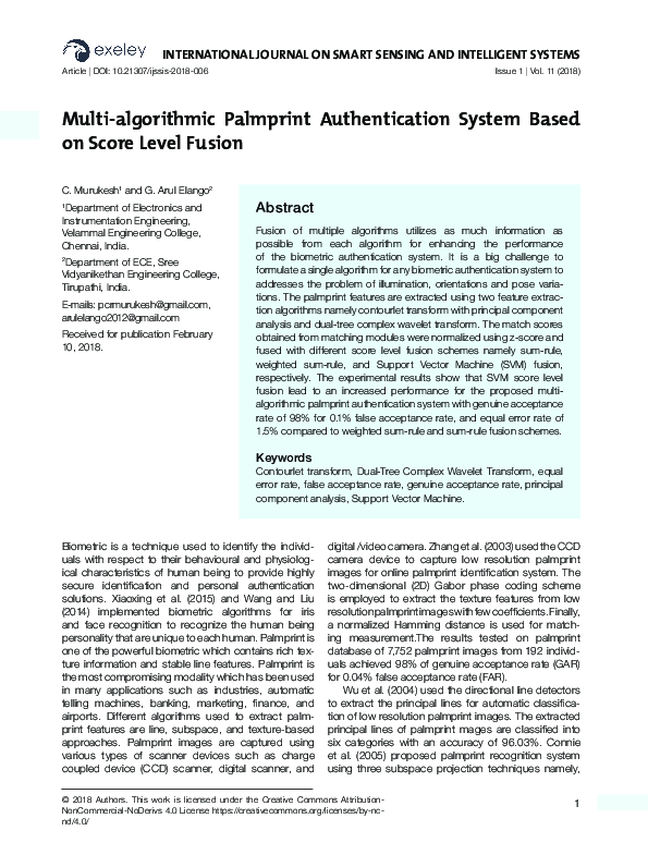 Pdf Multi Algorithmic Palmprint Authentication System Based On Score