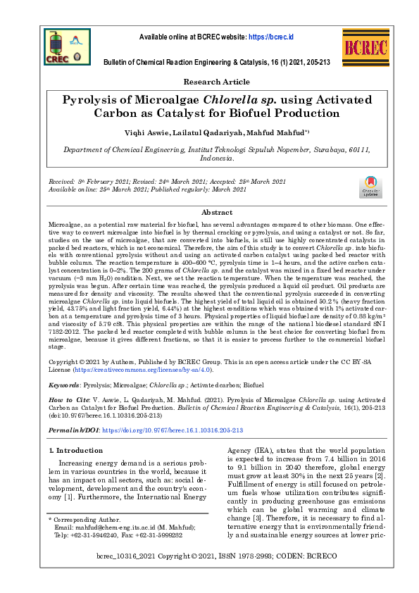 Pdf Pyrolysis Of Microalgae Chlorella Sp Using Activated Carbon As Catalyst For Biofuel