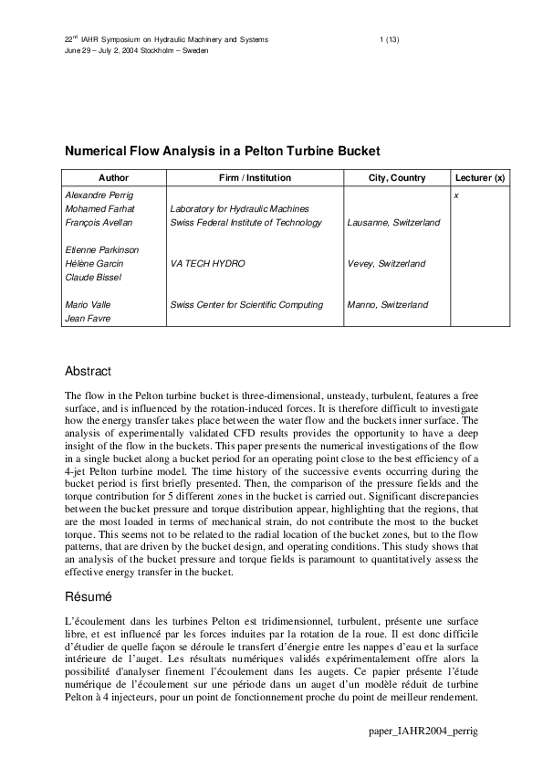 (PDF) Numerical flow analysis in a Pelton turbine bucket