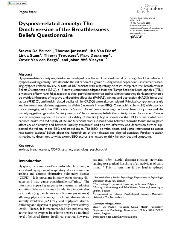 (PDF) Dyspnea-related anxiety: The Dutch version of the Breathlessness ...
