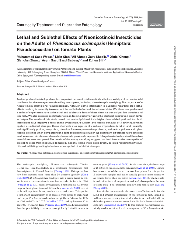 (PDF) Lethal and Sublethal Effects of Neonicotinoid Insecticides on the Adults of Phenacoccus ...