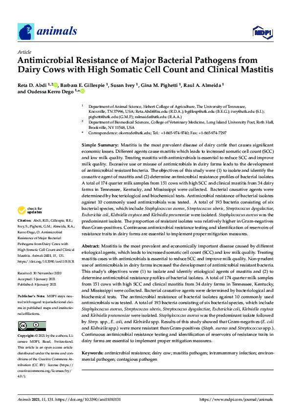 (PDF) Antimicrobial Resistance of Major Bacterial Pathogens from Dairy Cows with High Somatic ...