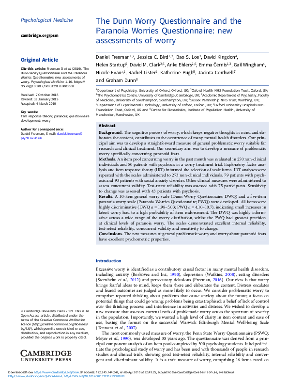 (PDF) The Dunn Worry Questionnaire and the Paranoia Worries ...