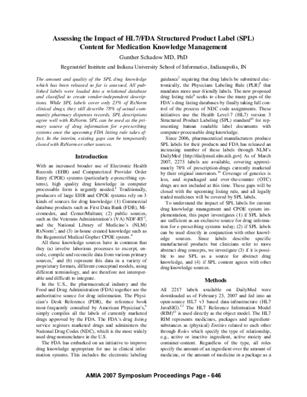 (PDF) Assessing the impact of HL7/FDA Structured Product Label (SPL ...