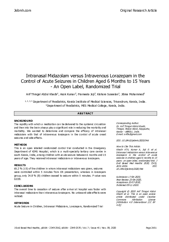 (PDF) Intranasal Midazolam versus Intravenous Lorazepam in the Control ...